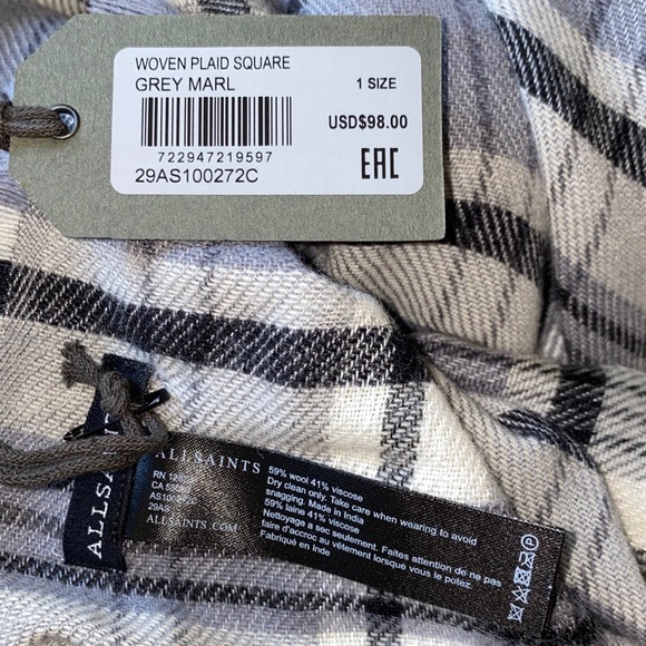 All Saints | Accessories | All Saints Plaid Square Grey Wool Scarf Wrap ...